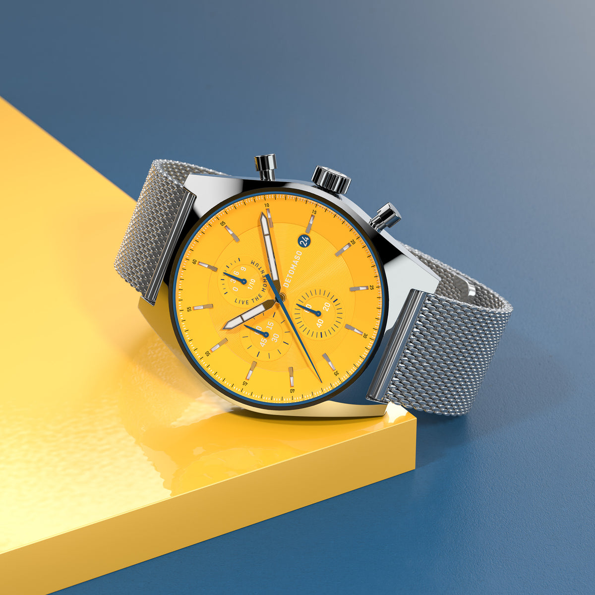 D10 CHRONOGRAPH GIALLO Mesh Silver Glossy – Detomaso Watches
