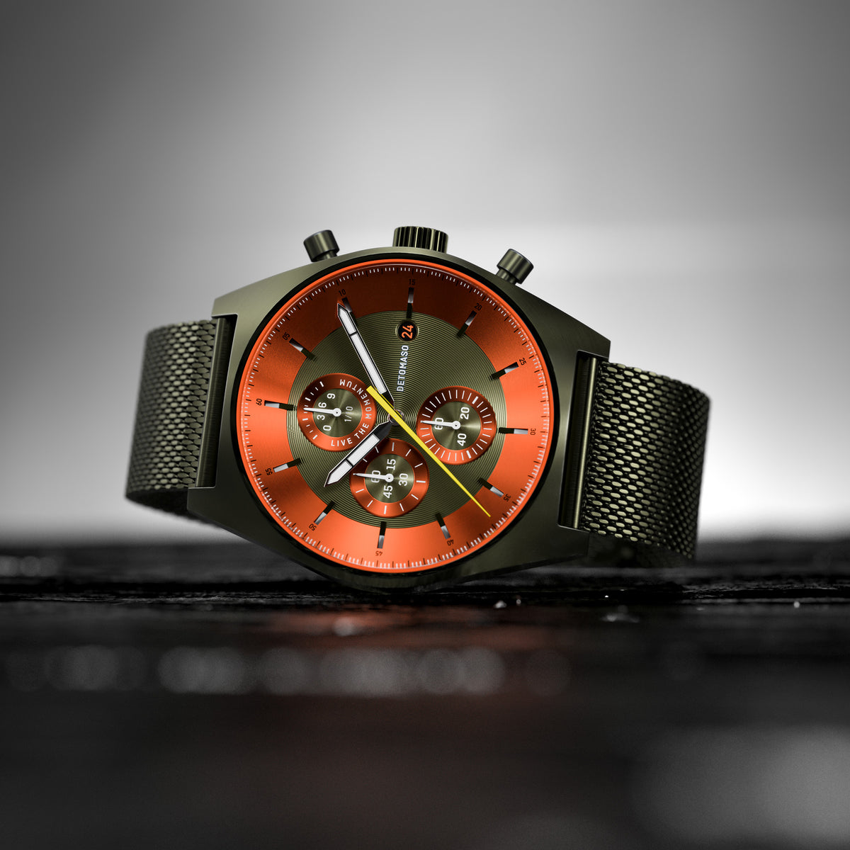 D10 CHRONOGRAPH OLIVE ORANGE Mesh Olive Brushed – Detomaso Watches