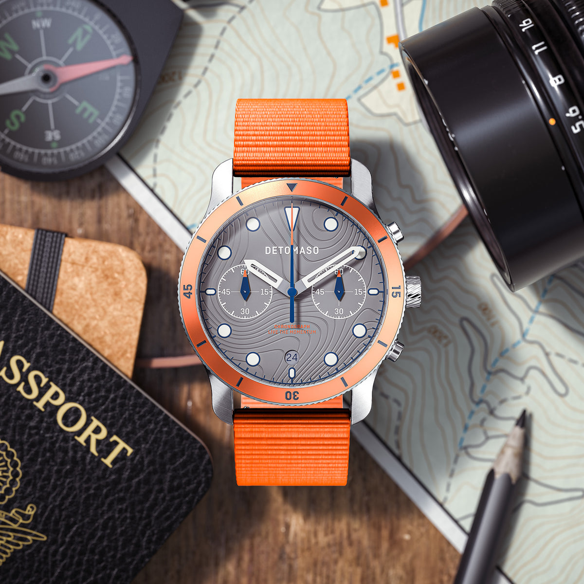 VENTURE CHRONOGRAPH TOPO GRAY Ocean Plastic Orange Woven – Detomaso Watches